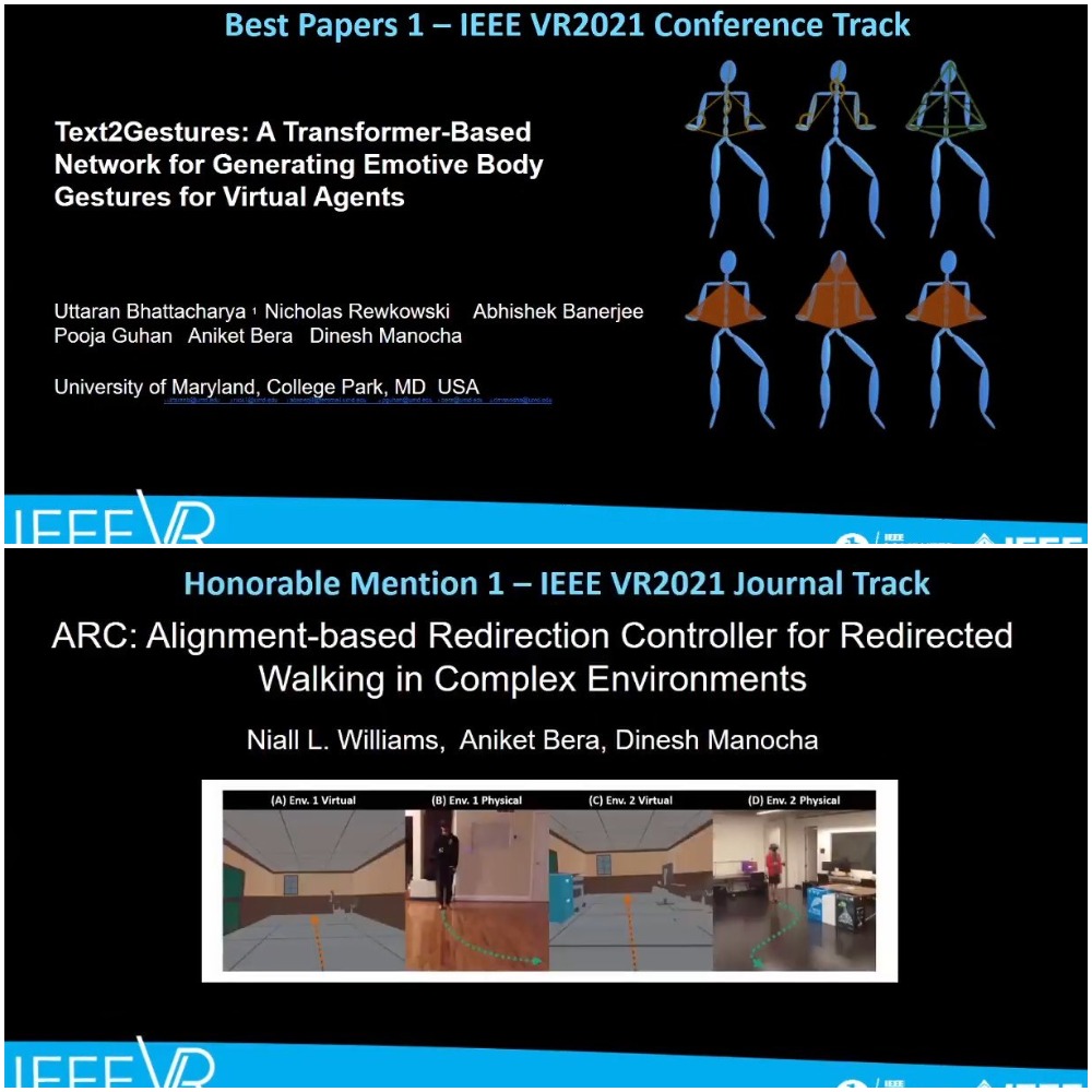 UMD GAMMA Group Awarded Best Paper and an Honorable Mention at IEEE VR 2021 | UMD Department of ...